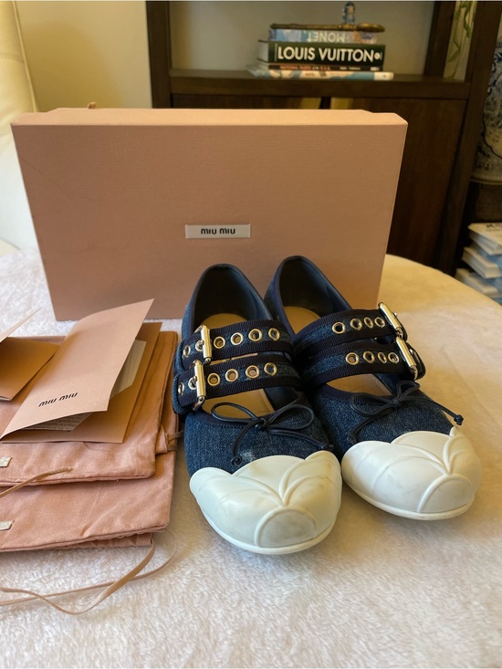 Miu Miu | Shoes | Miu Miu Navy Denim Mary Jane Flats With Cream Toe ...